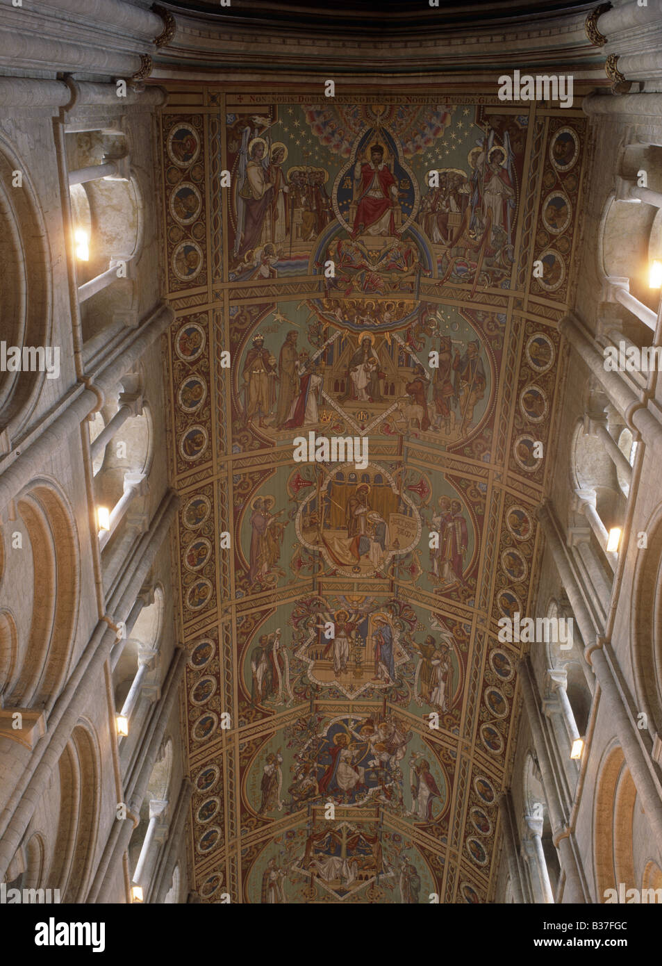 Victorian painted panel ceiling (mural) to the naveInside Ely cathedral ...