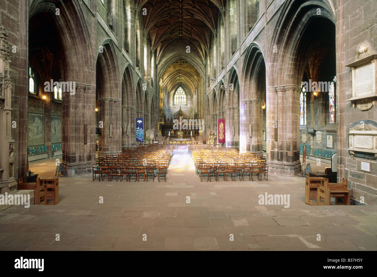 Cathedral View to altar Pillars Seating Banners Roof arches CHESTER ...