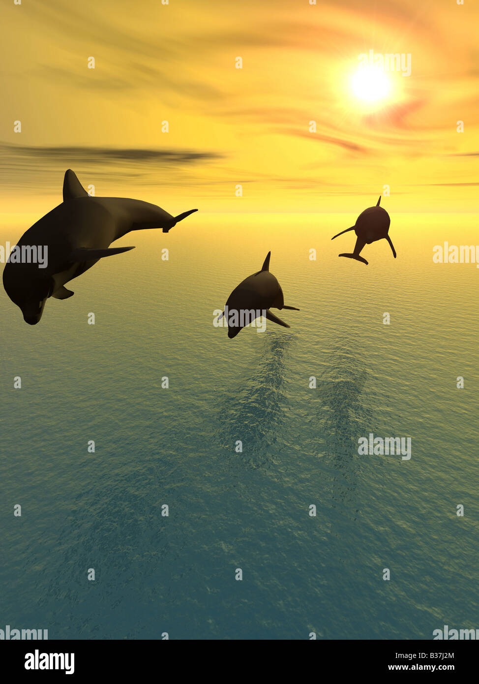 Three dolphins floating at ocean control light Stock Photo - Alamy