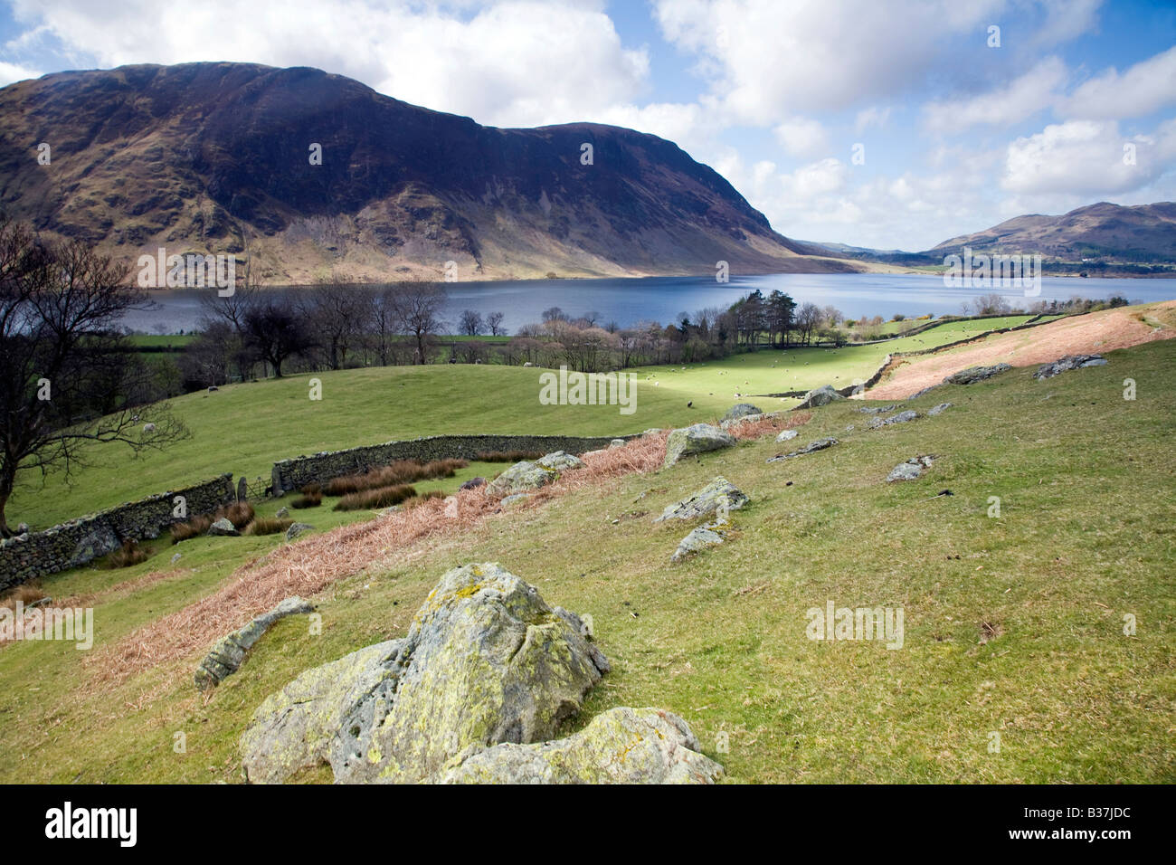 View from Rannerdale across Crummmock Water to Melbreak Mountain and ...