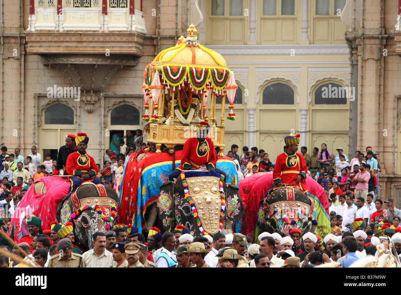 Caparisoned elephants lead the Dasara procession in Mysore, India Stock ...