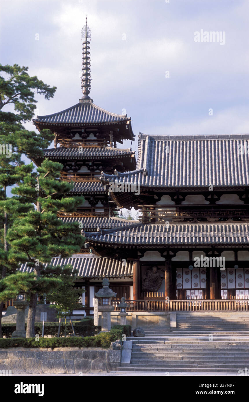 Main entry gate and five-story pagoda of Horyuji Temple near Nara the ...