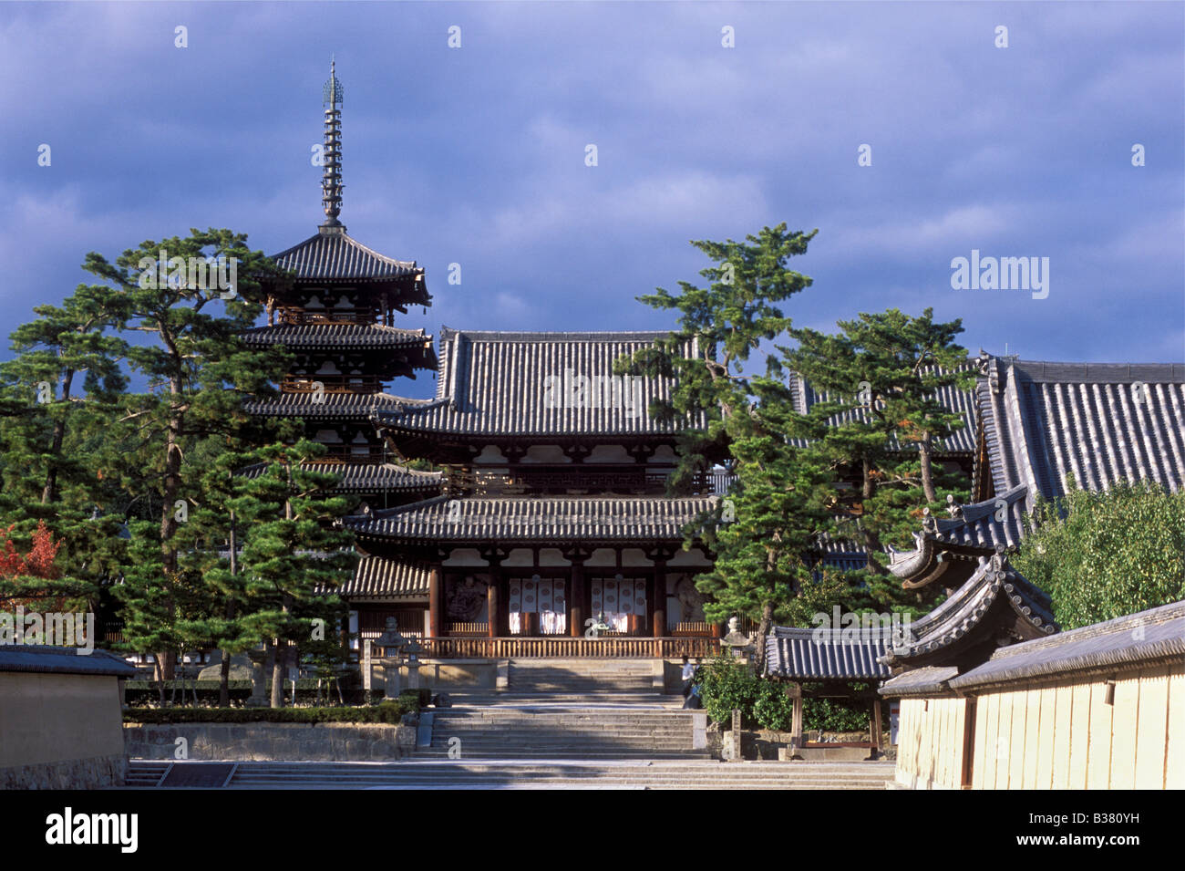 Main entry gate and five-story pagoda of Horyuji Temple near Nara the ...