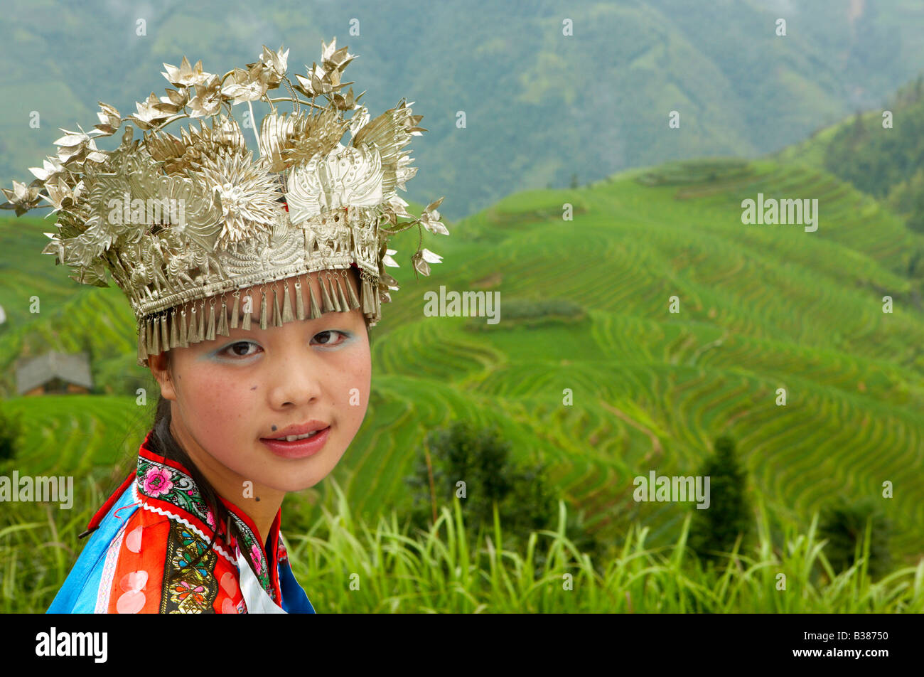 Girl in local costume Ping An Rice Terraces Longsheng Longji Guilin ...