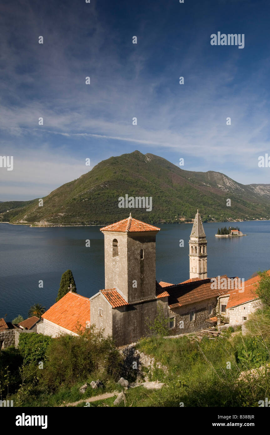 View of Saint Nikola church and village of Perast on Bay of Kotor ...