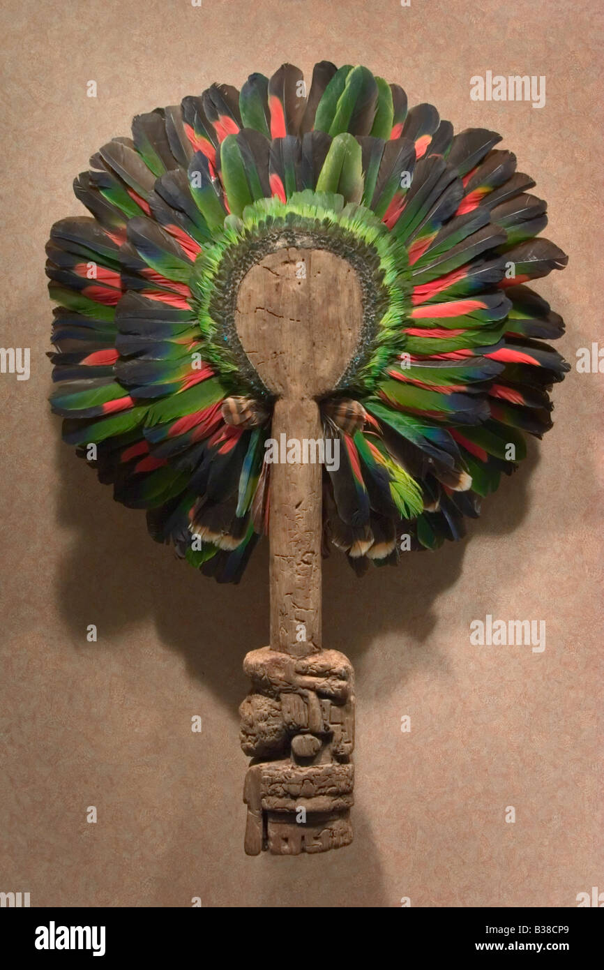 Aztec, Mexica fan with wooden handle. Hummingbird and Parakeet feathers ...