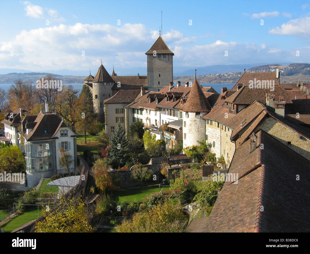 View along wall of medieval town of Murten Morat Switzerland Stock ...