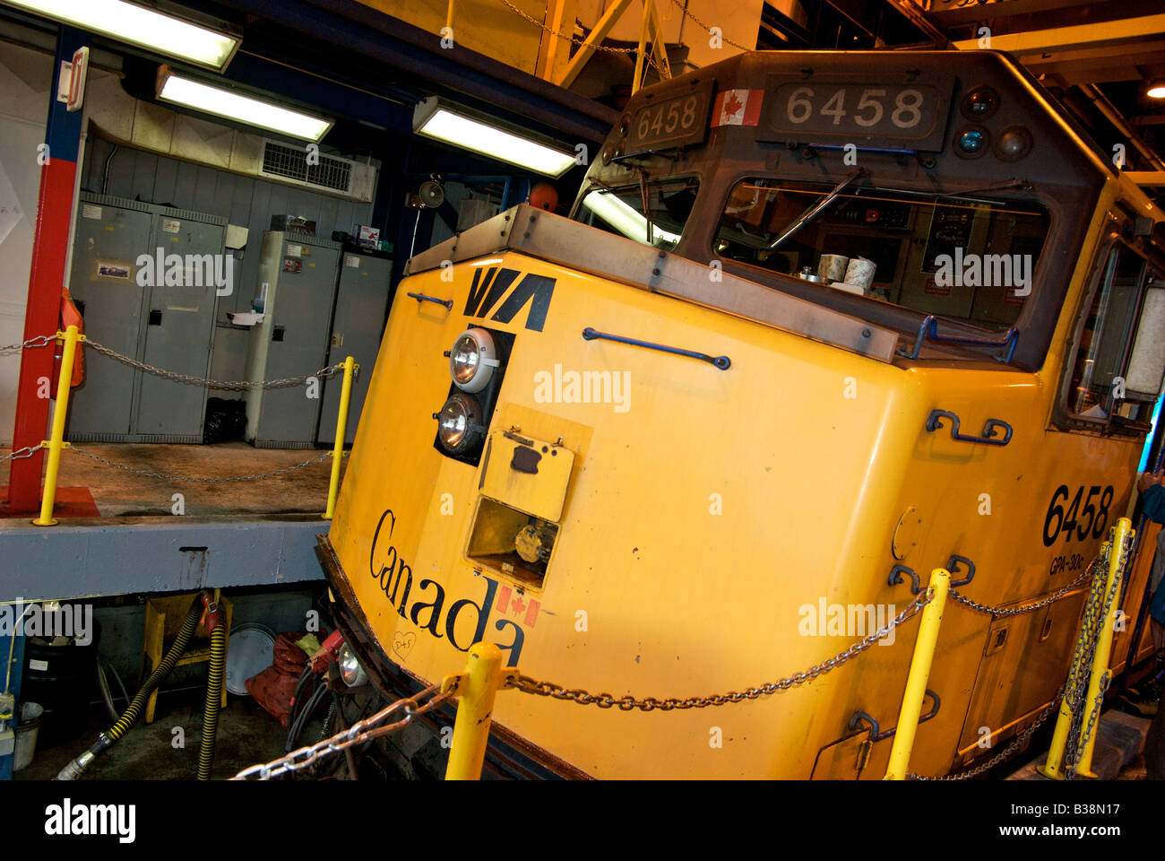 Diesel locomotive in the maintenance shop awaiting service Stock Photo ...