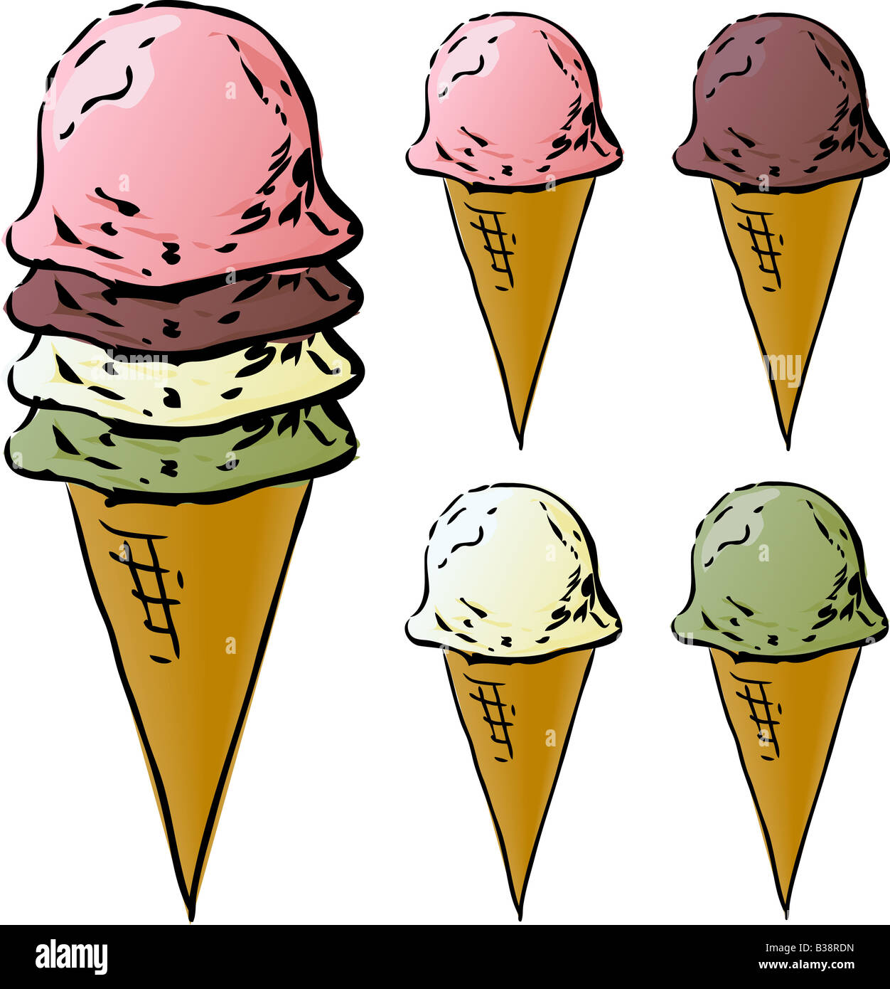 Ice cream cones illustration various flavors lineart hand drawn look ...