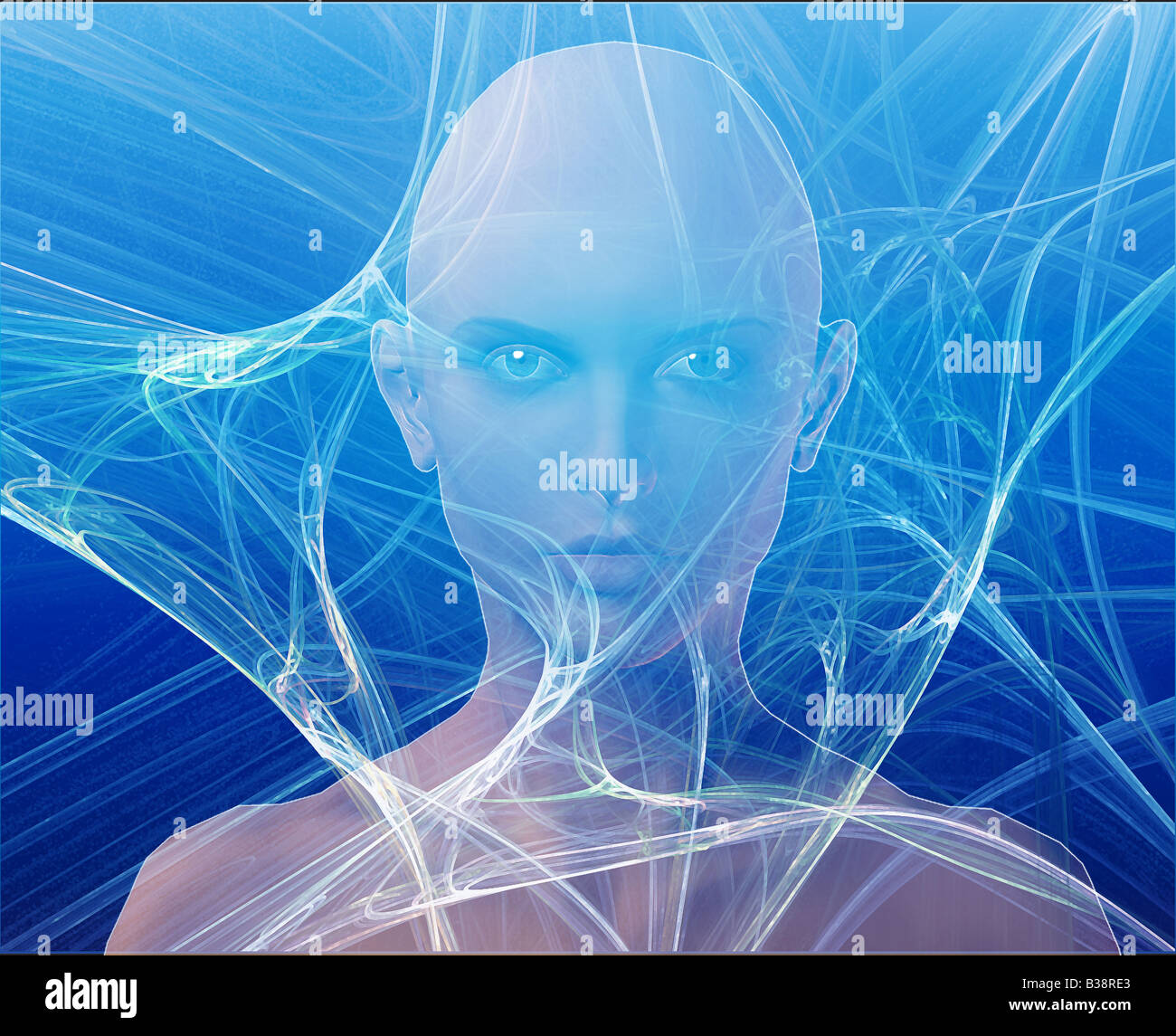 A woman s face surrounded by information Blue background Stock Photo ...