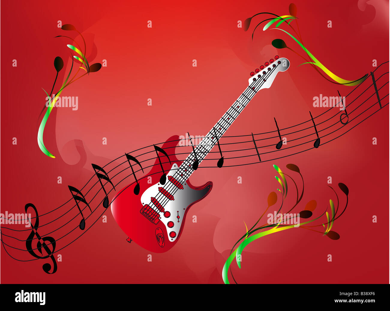 music notes and red guitar Stock Photo - Alamy