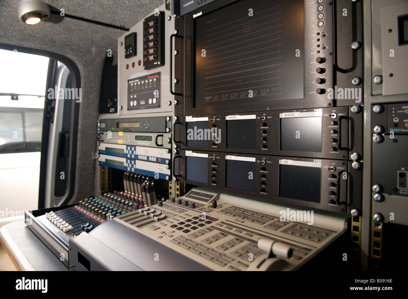 VISION mixer inside a outside broadcast vehicle with video and audio ...