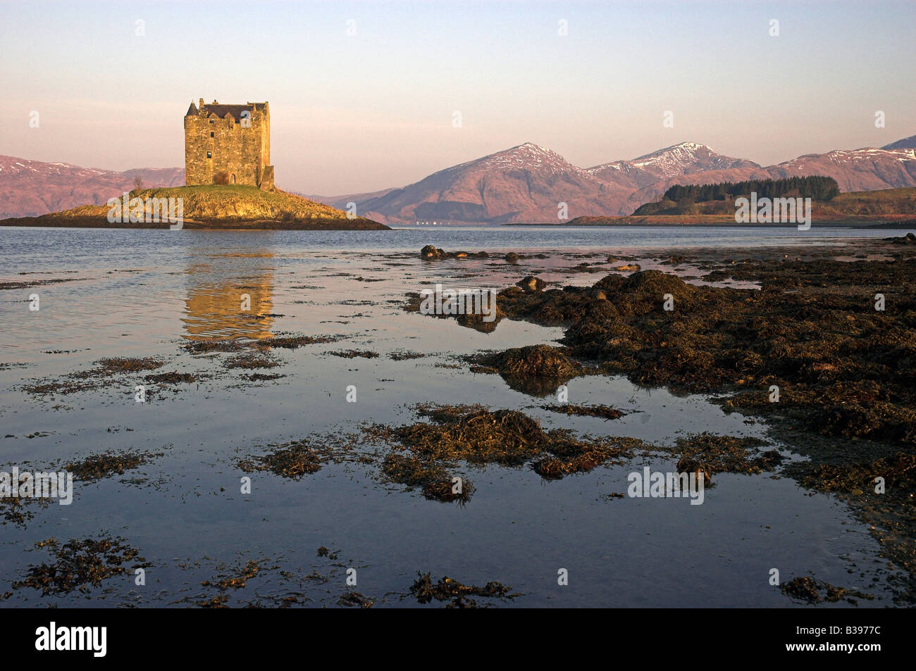 Looking over Loch Laich to Castle Stalker in the early morning sun ...