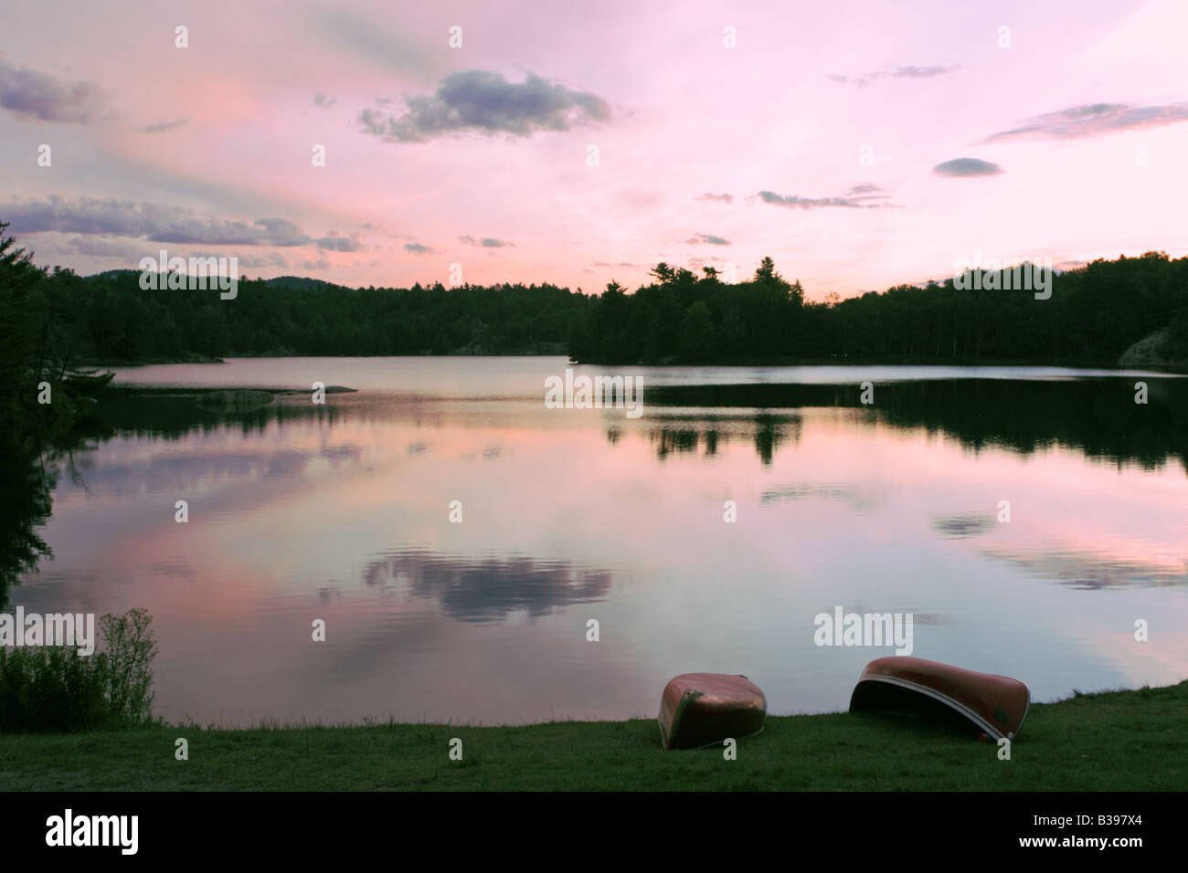 First morning light at dawn on George Lake, Killarney Provincial Park ...