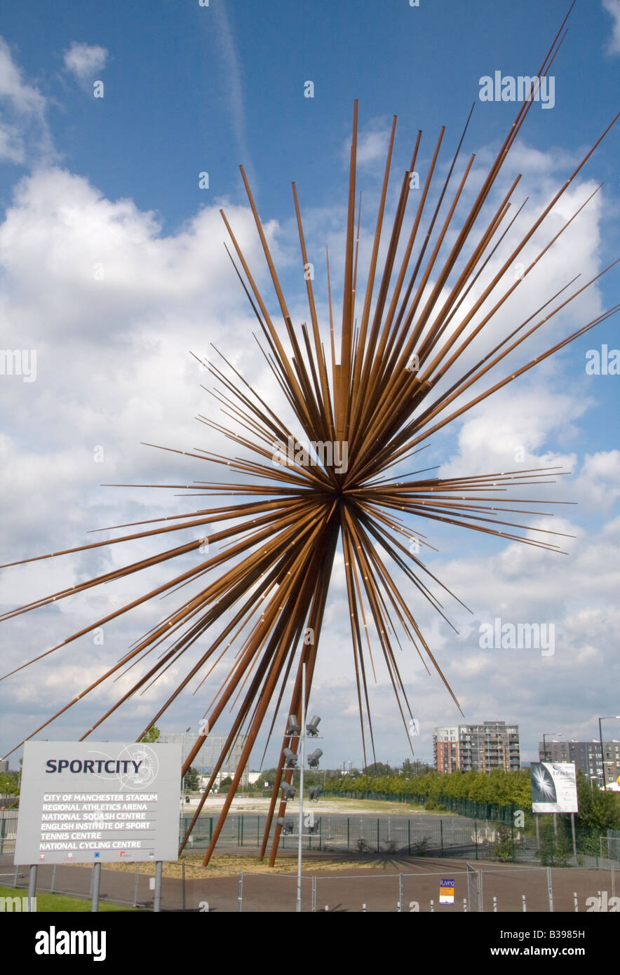 B of the Bang sculpture outside Sport City, Manchester, UK Stock Photo ...