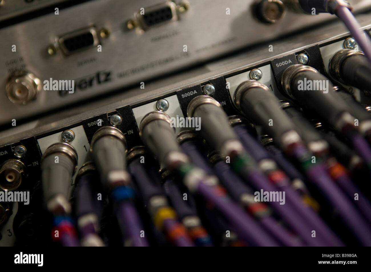 video cables connected to the connector panel of a video router ...