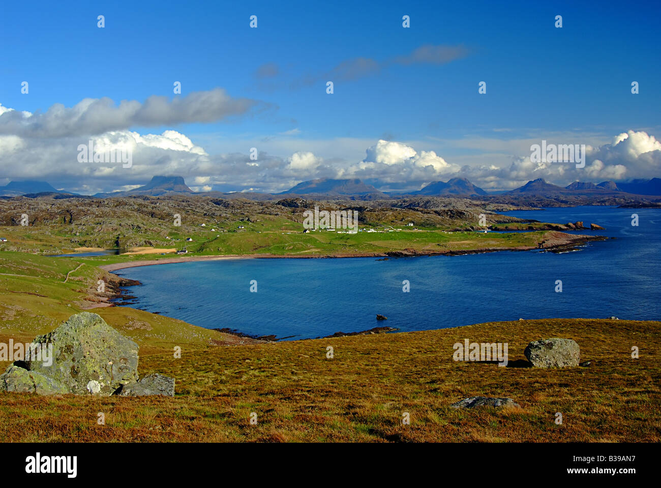 uk scotland sutherland assynt highland stoer bay mountains of Canisp ...