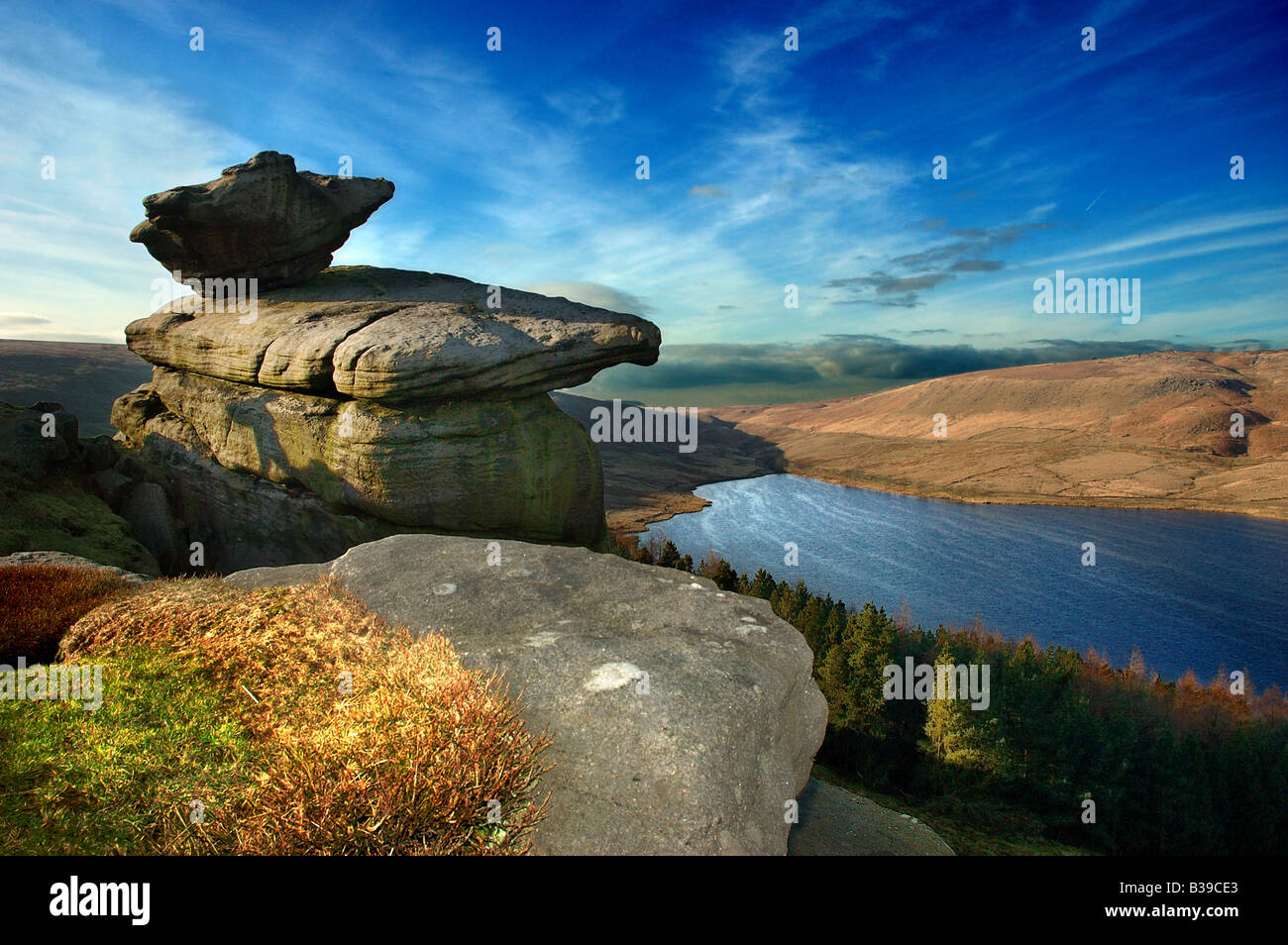 rocks overlooking reservoir in Calderdale West Yorkshire UK Stock Photo ...
