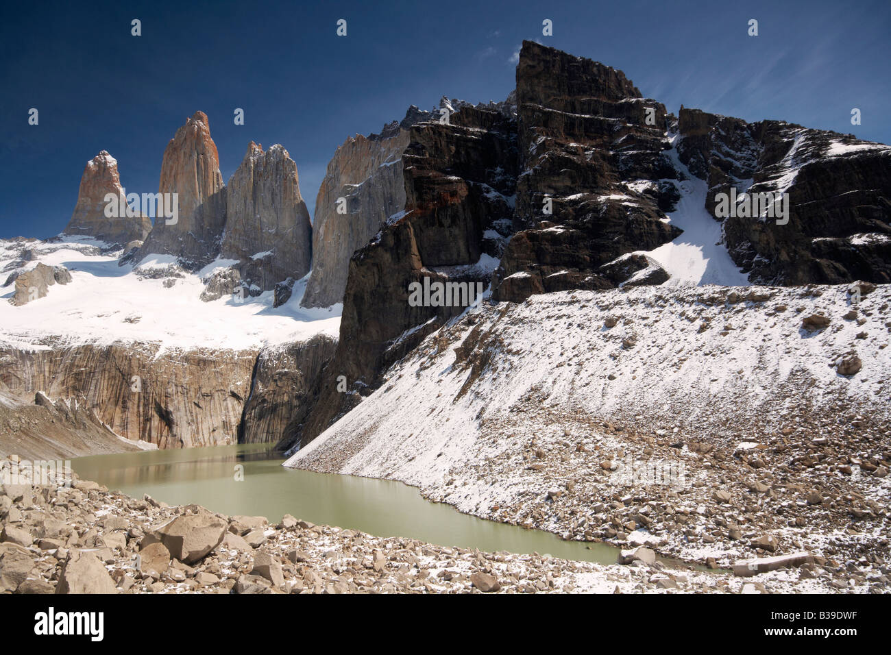 The Towers of Paine covered in snow Stock Photo - Alamy