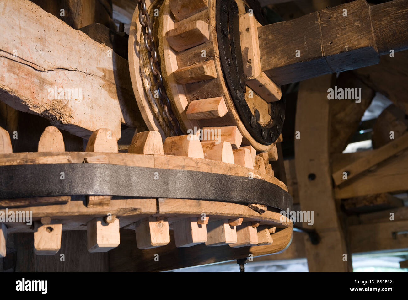 UK Cheshire Stretton medieval mill interior wooden cogs of water ...