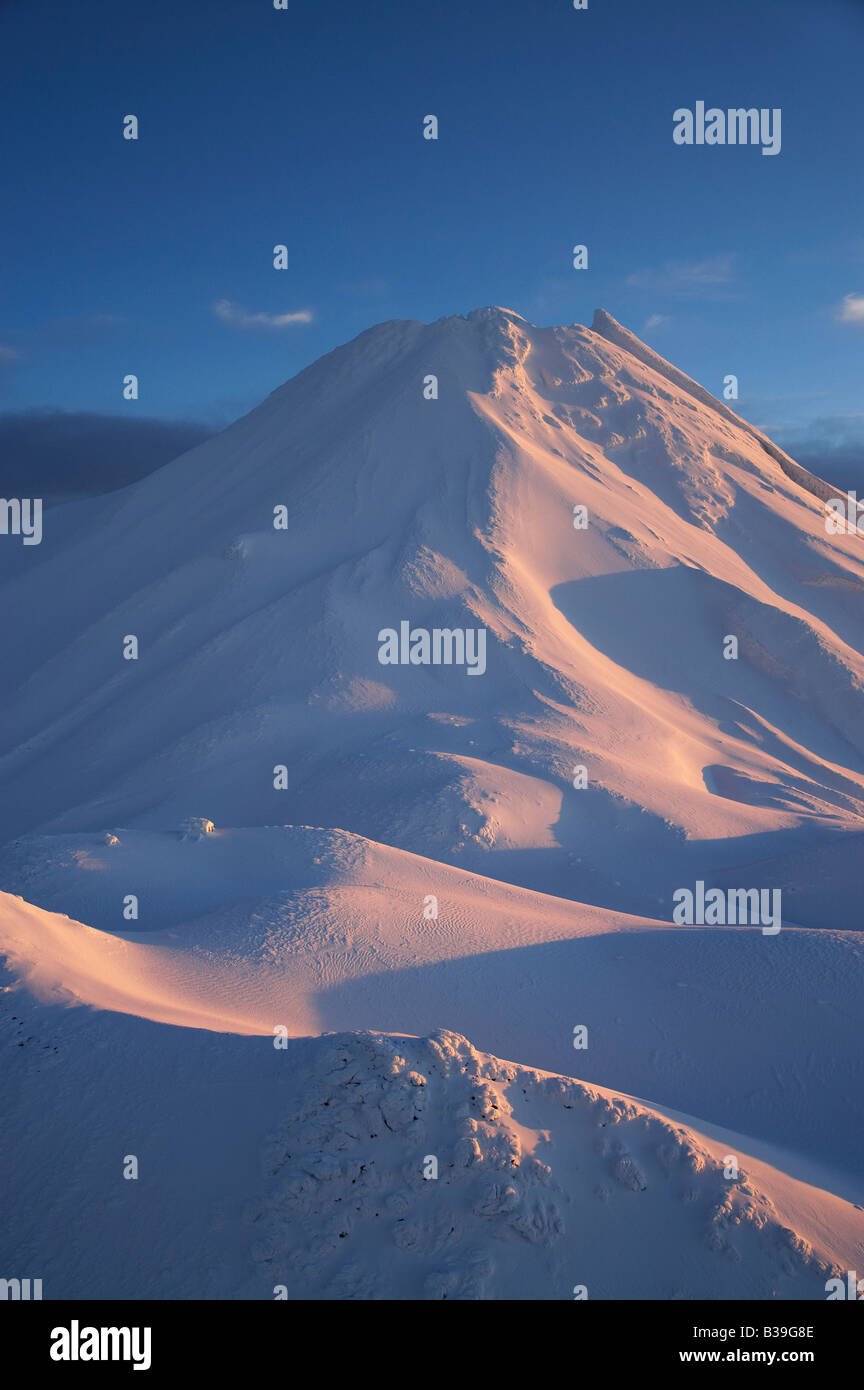 Syme Hut at left Fanthams Peak and Alpenglow at Dawn on Mt Taranaki Mt ...