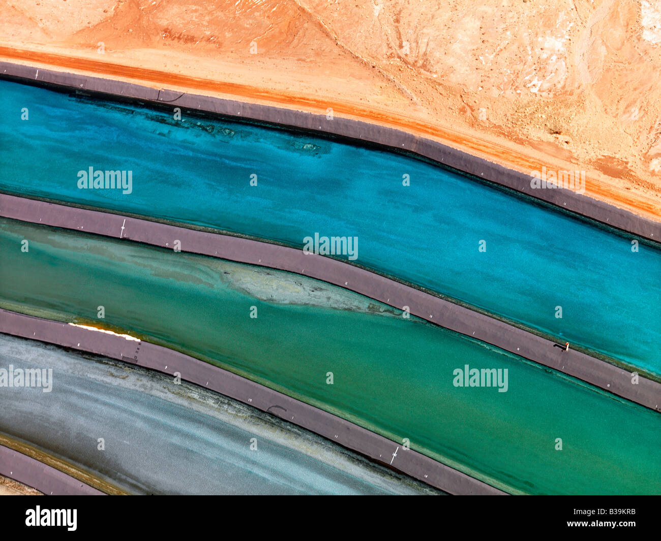 Aerial detail of tailing ponds for mineral waste in rural Utah United ...