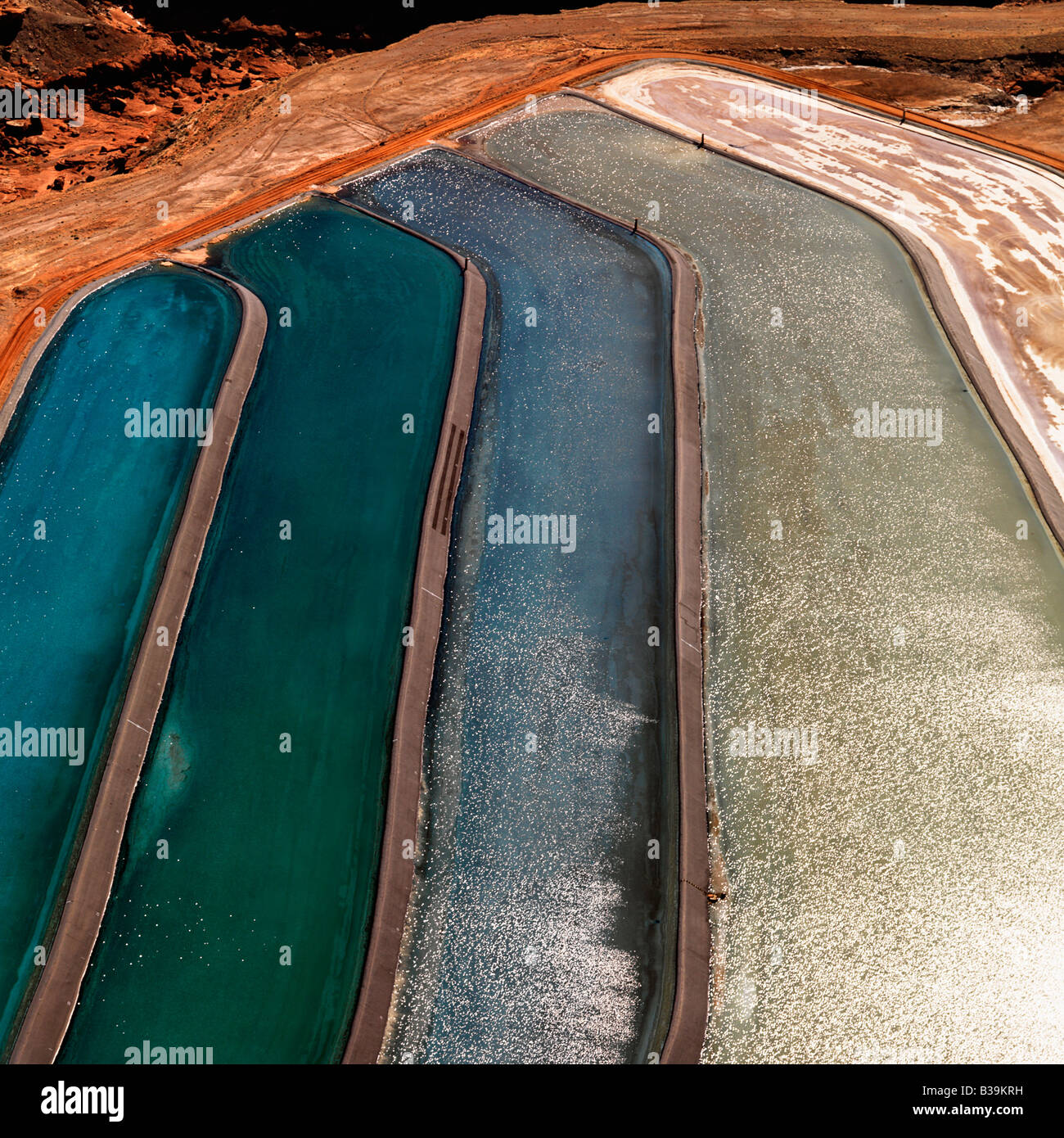 Aerial detail of tailing ponds for mineral waste in rural Utah United ...