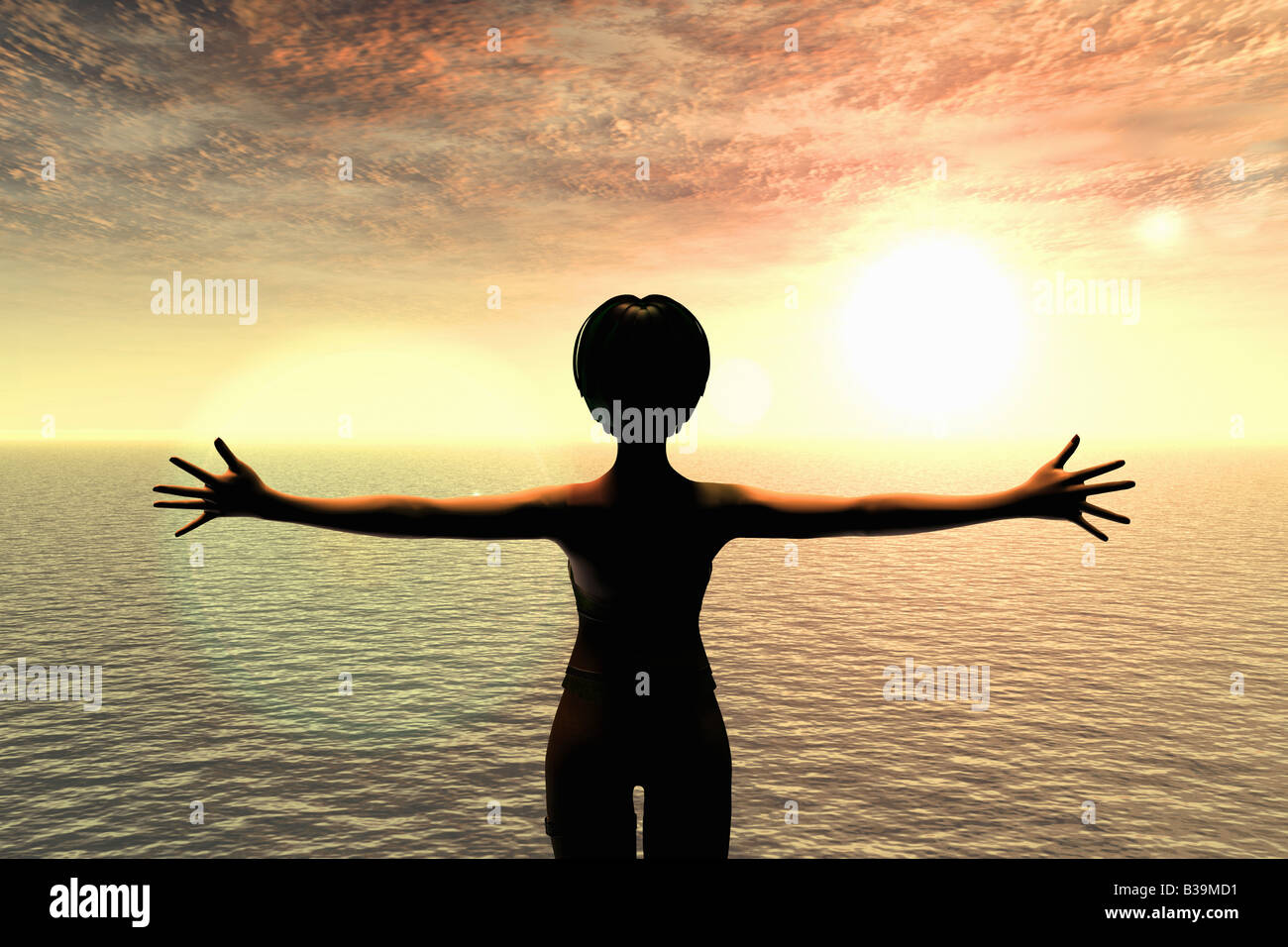 Young Woman With Arms Outstretched Looking At Ocean During Sunset Stock ...