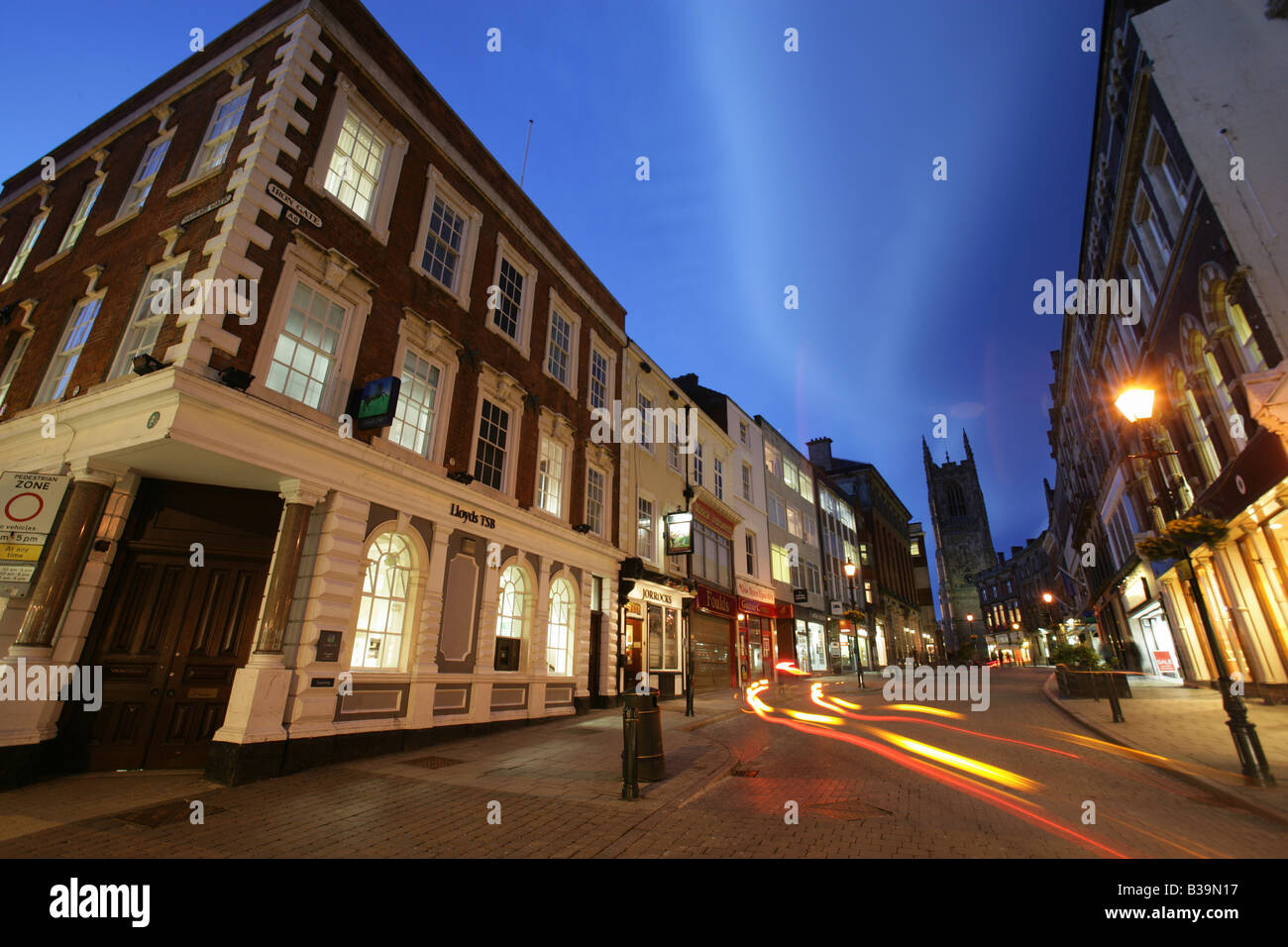 City of Derby, England. Night view Iron Gate properties and ...