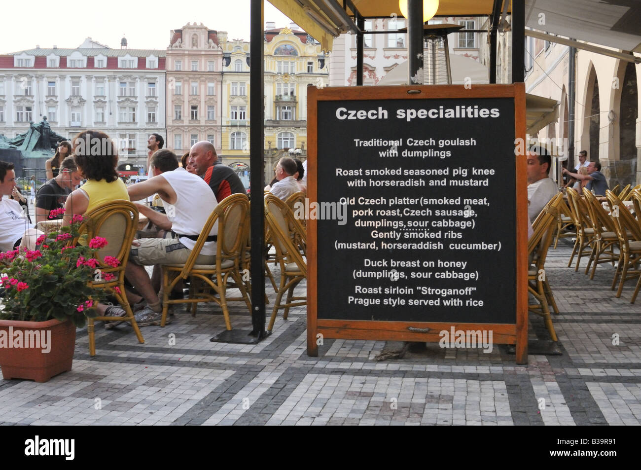 Prague Old Town Square restaurant with Czech specialities menu written ...