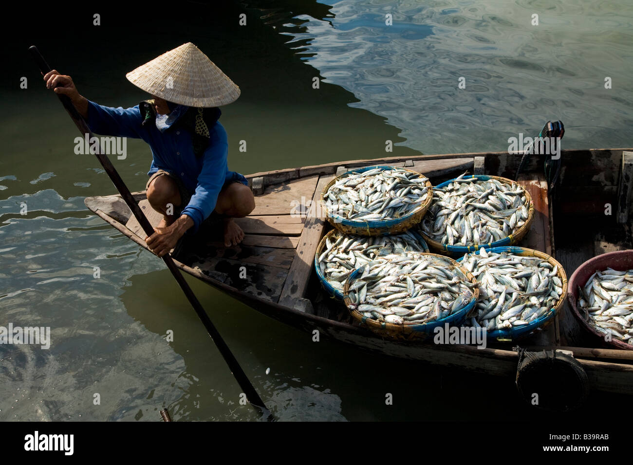 Many people working and trading at the daily fish and seafood market in ...