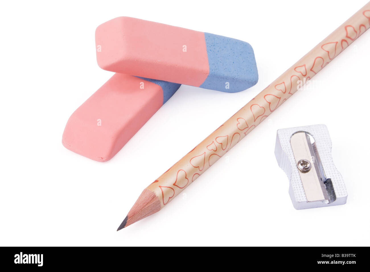 Pencil, sharpener and eraser on white background Stock Photo - Alamy