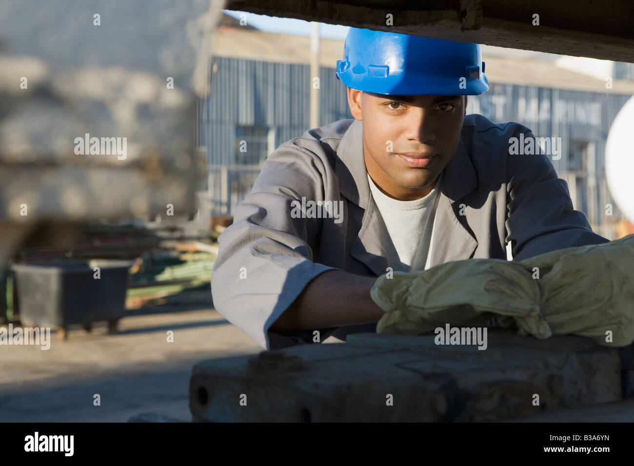 African American male construction worker wearing hardhat Stock Photo ...