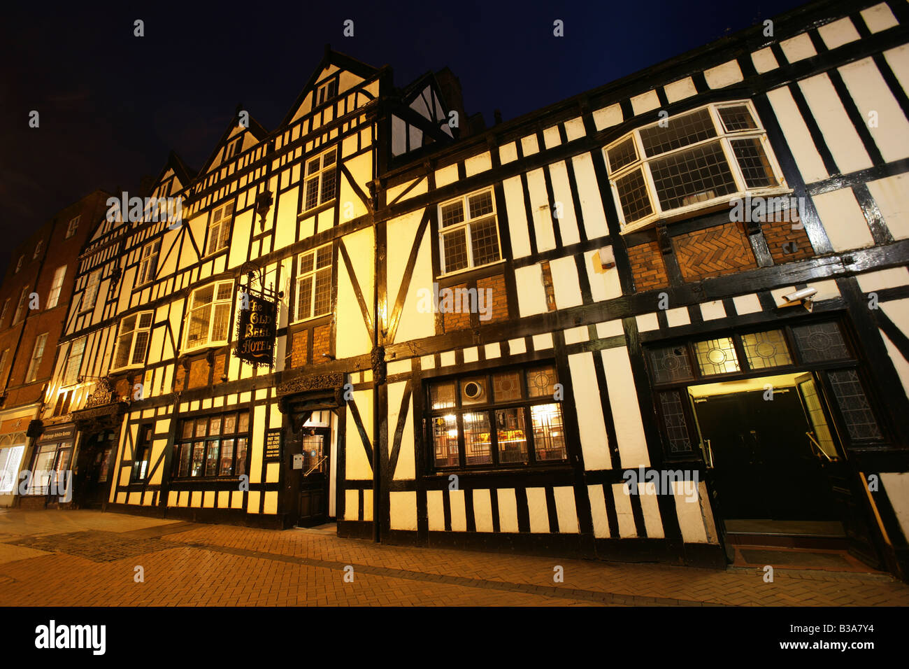 City of Derby, England. Evening view the Old Bell Hotel at Derby’s ...