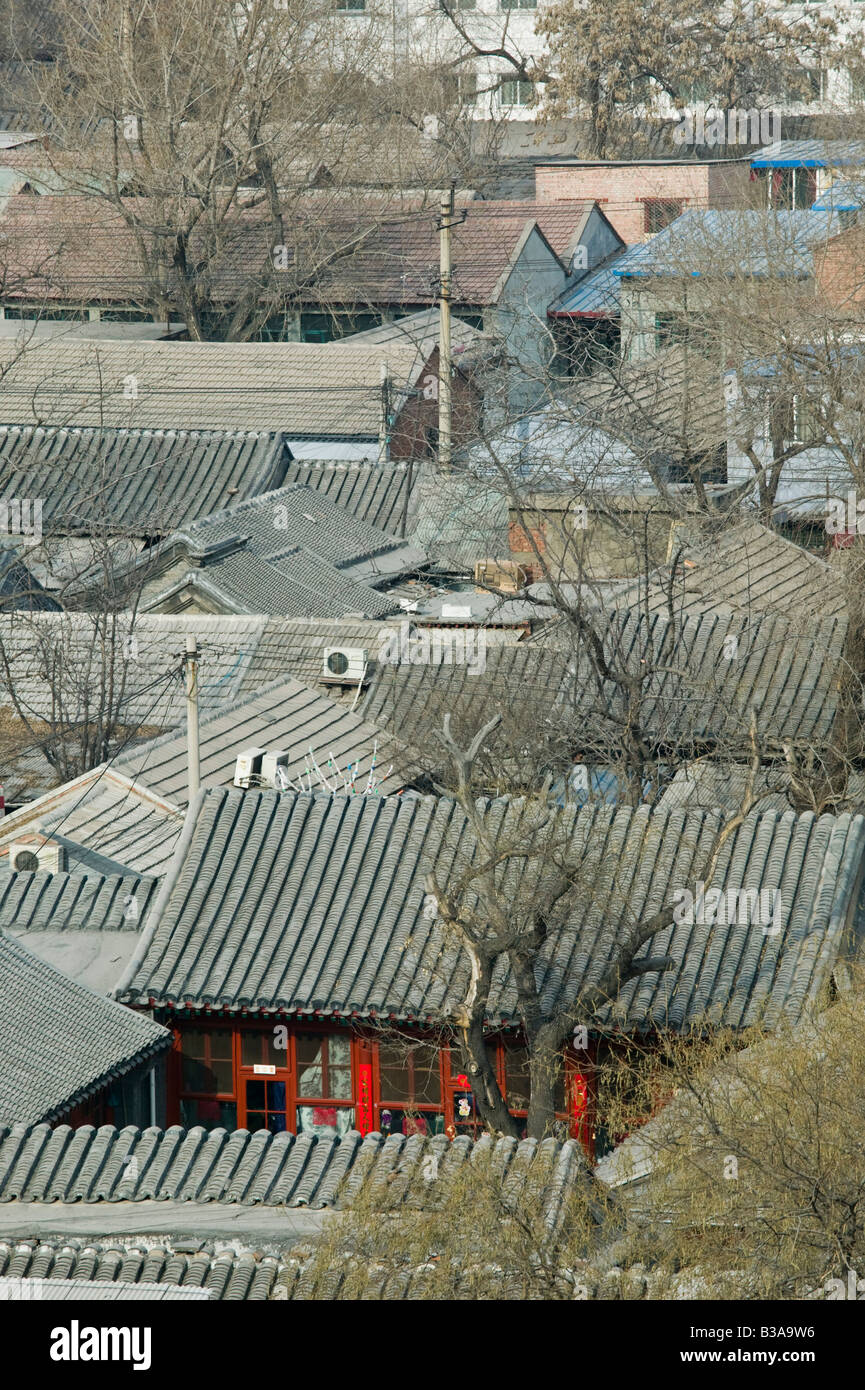 China, Beijing, Dongcheng District, Rooftop View of traditional Beijing ...