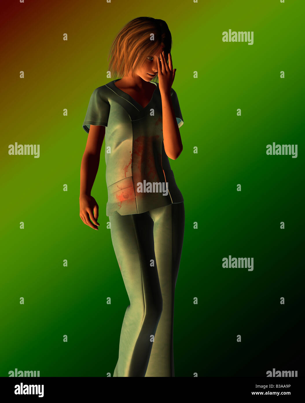 Computer Generated Image Of A Sad Looking Nurse Dressed In Bloody ...
