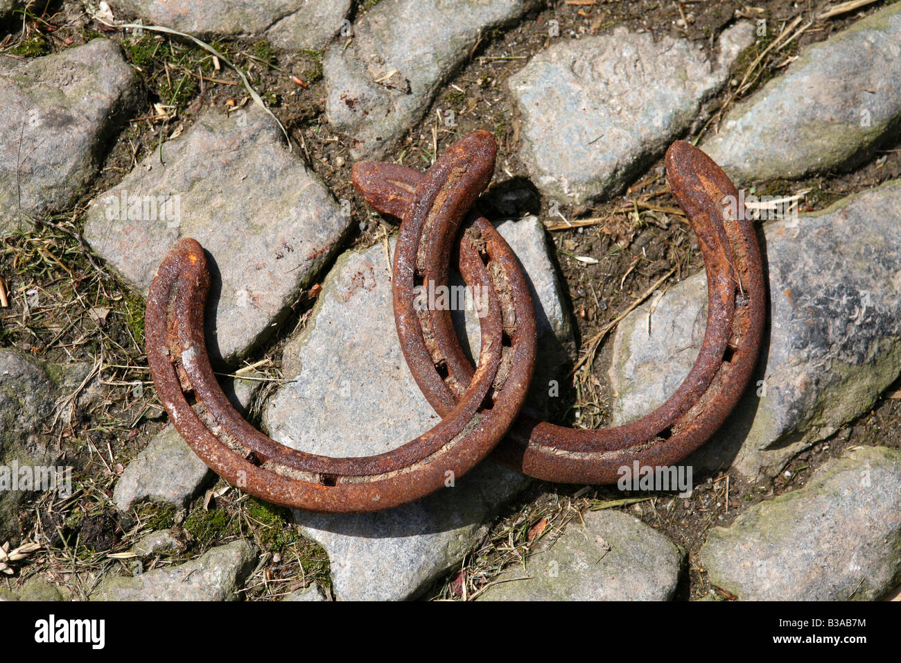 Two interlocked horseshoes on a cobble stone yard Stock Photo - Alamy