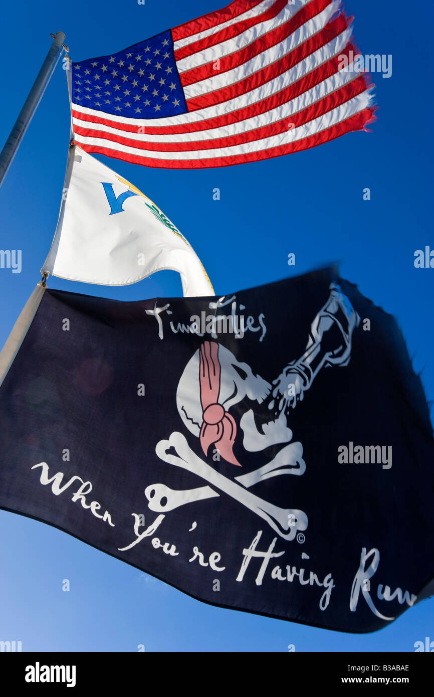 Caribbean, US Virgin Islands, St. Thomas, flags flying over Blackbeard ...