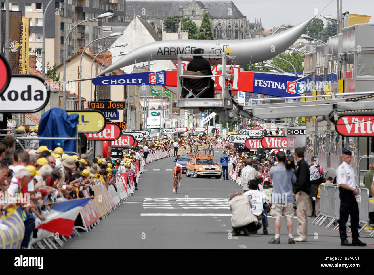 A cyclist about to cross the finish line at the time trial Cholet leg ...