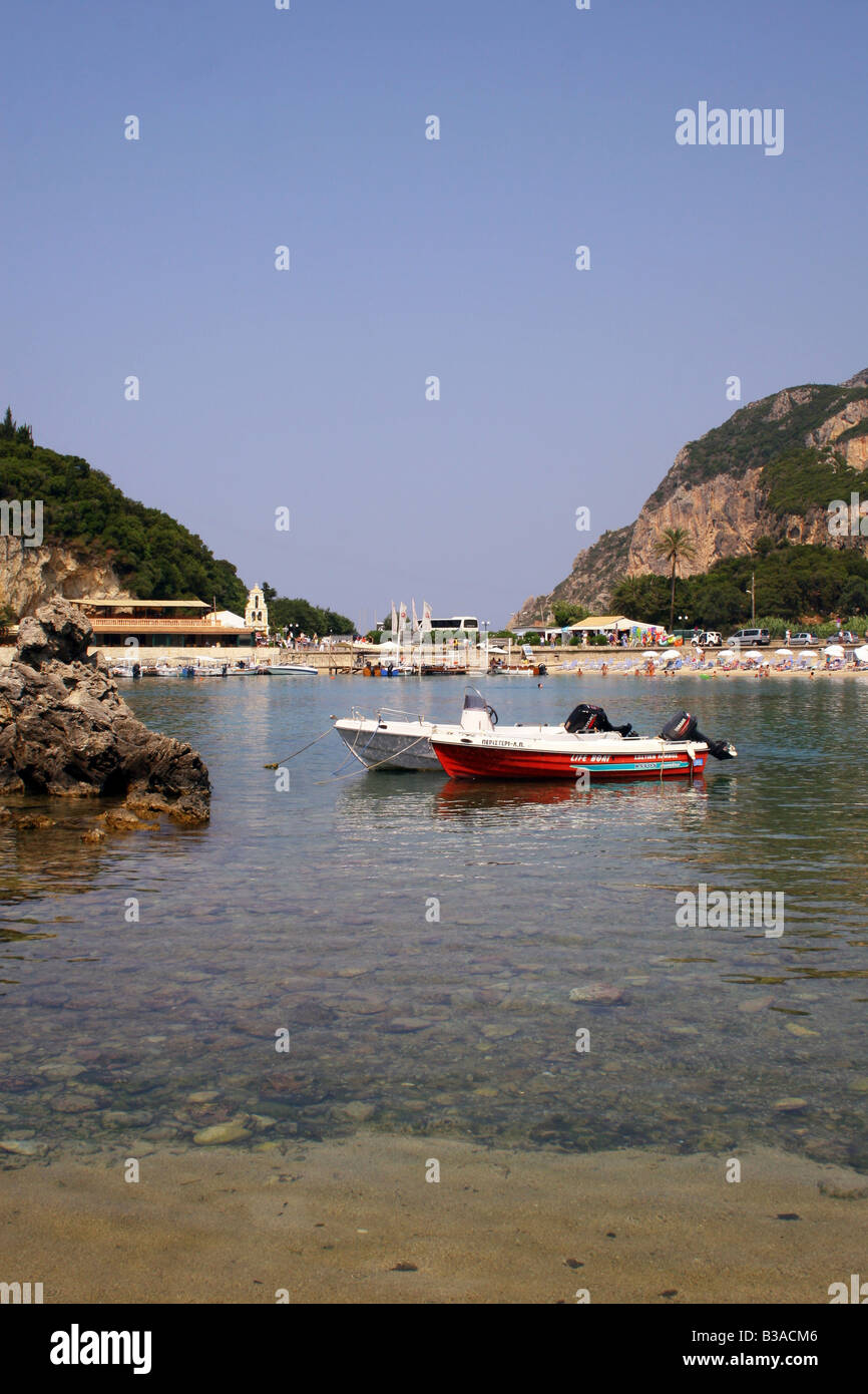 AYIOS SPYRIDHON BEACH AND BAY AT PALEOKASTRITSA ON THE GREEK IONIAN ...