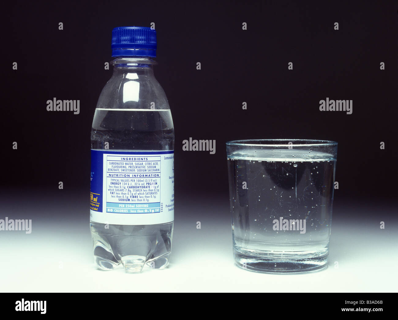 bottle of carbonated water showing ingredients beside glass of water ...