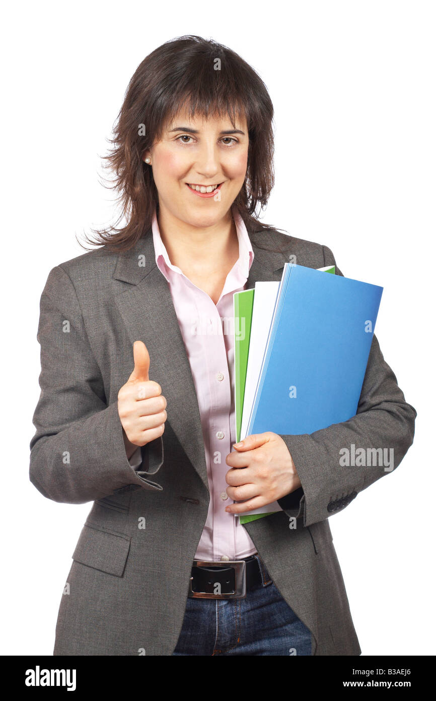 Busy business woman carrying stacked files over a white background ...