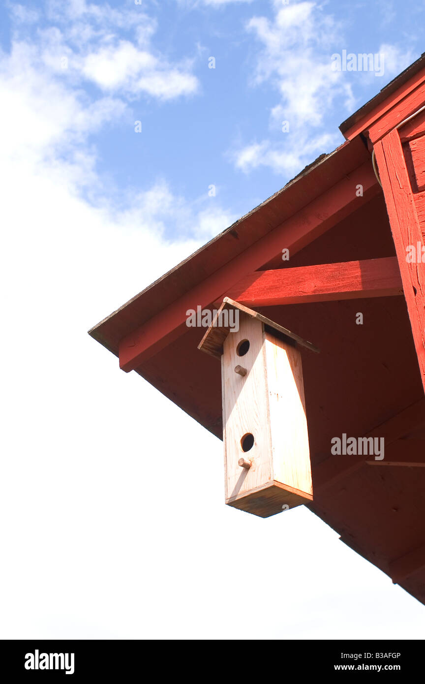 Red Roof and Bird House with White Clouds and Blue Sky Stock Photo - Alamy