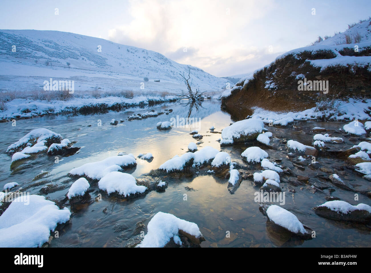 Mountain stream in winter upland Landscape scene with reflections in ...