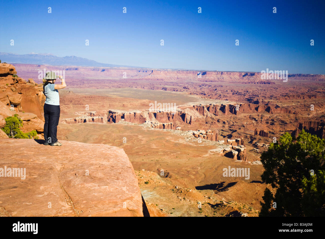 Tourist views Canyon lands National Park Utah from Grand View Point ...