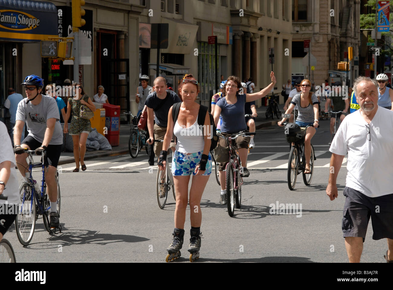 Bicyclists and skaters during the New York Summer Streets event Stock ...