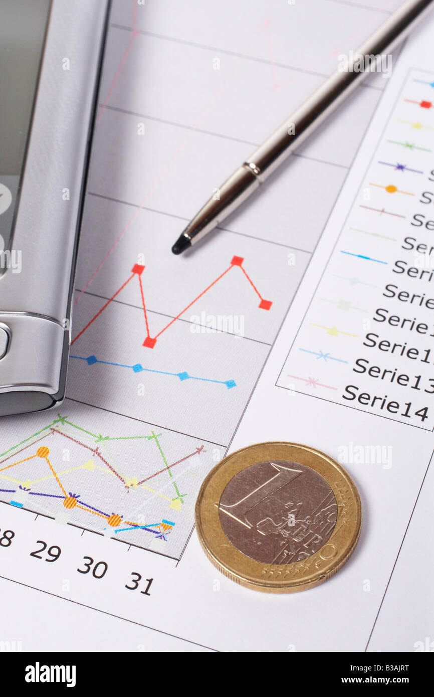 PDA pen and euro on market business financial chart isolated on white ...