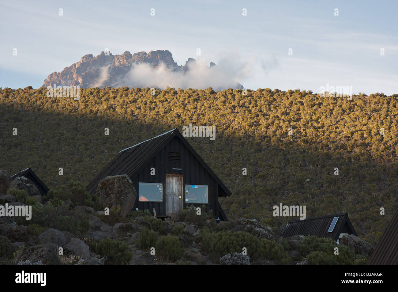 One of the Hut's at Horombo, Mount Kilimanjaro with Mawenzi Peak in the ...