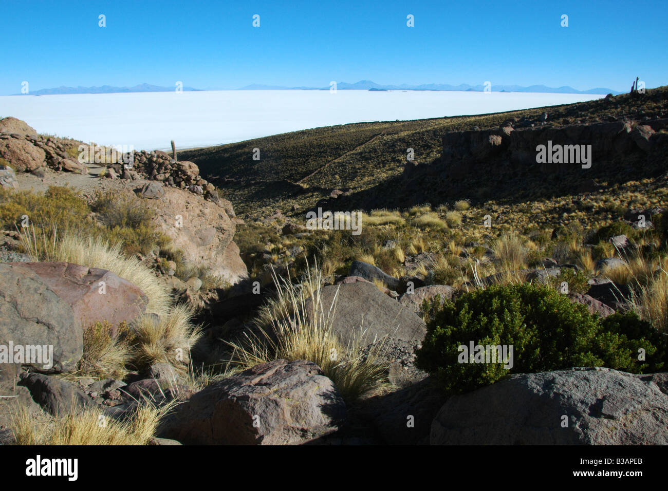 View of the Salar de Uyuni from the edge of Volcan Tunupa, near the ...