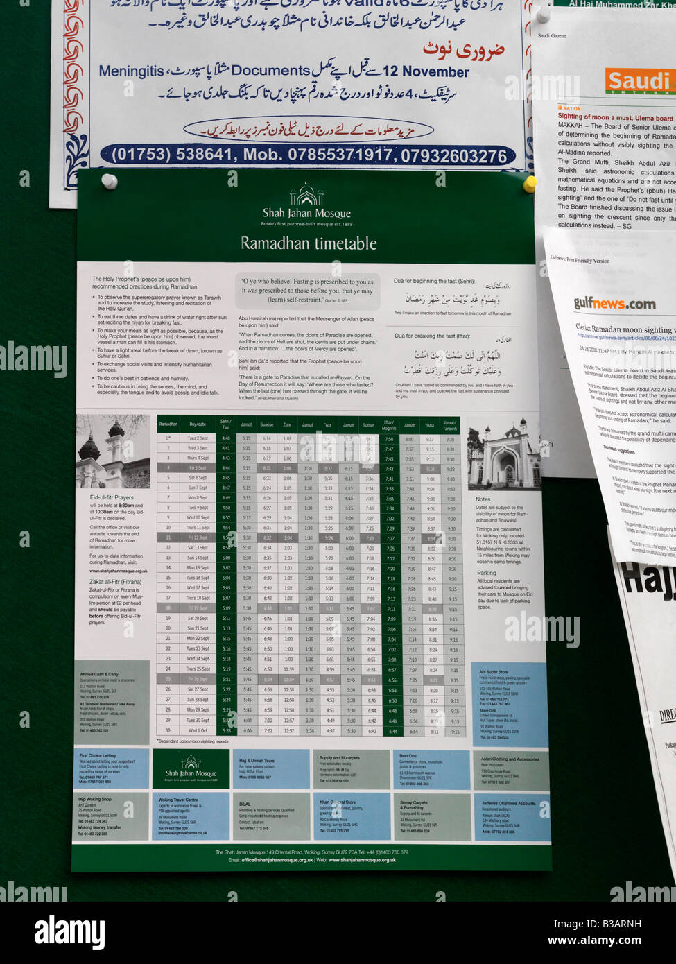 The Shah Jahan Mosque at Woking Surrey Noticeboard Showing Ramadan ...